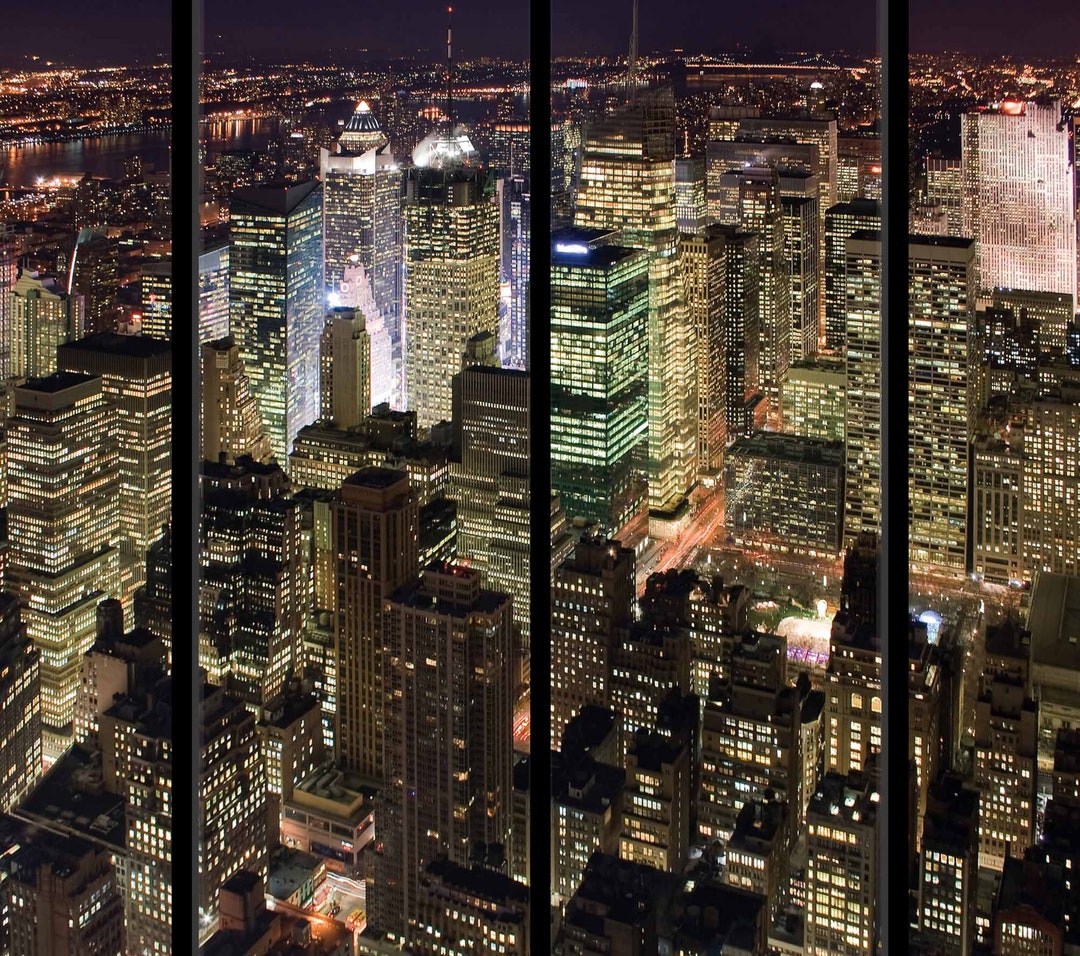 Manhattan at Night With Window Frames - Removable Photo Mural. 3D ...