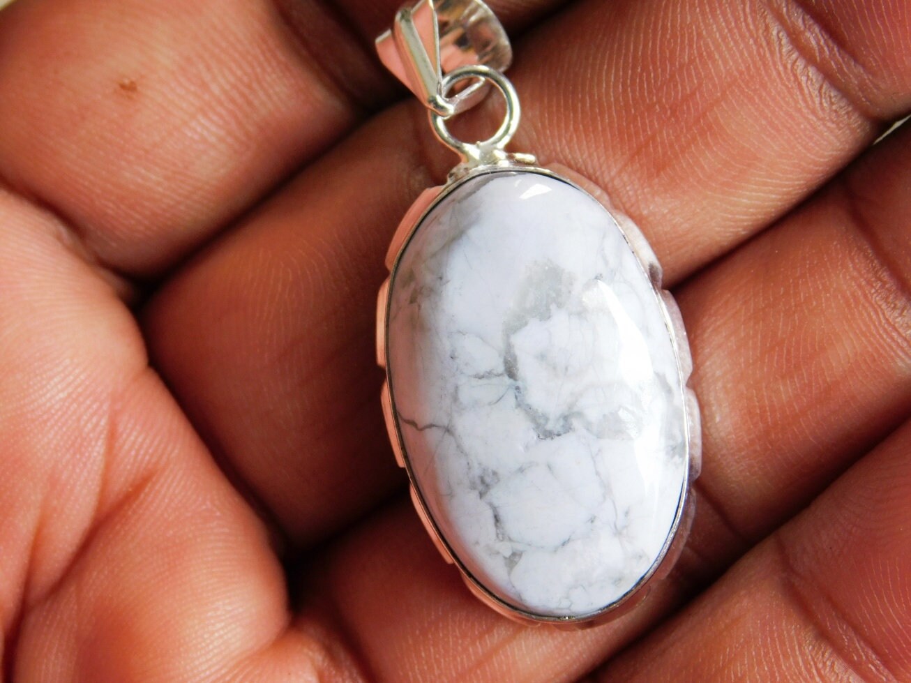 Howlite Pendant Sterling Silver pendant white howlite | Etsy