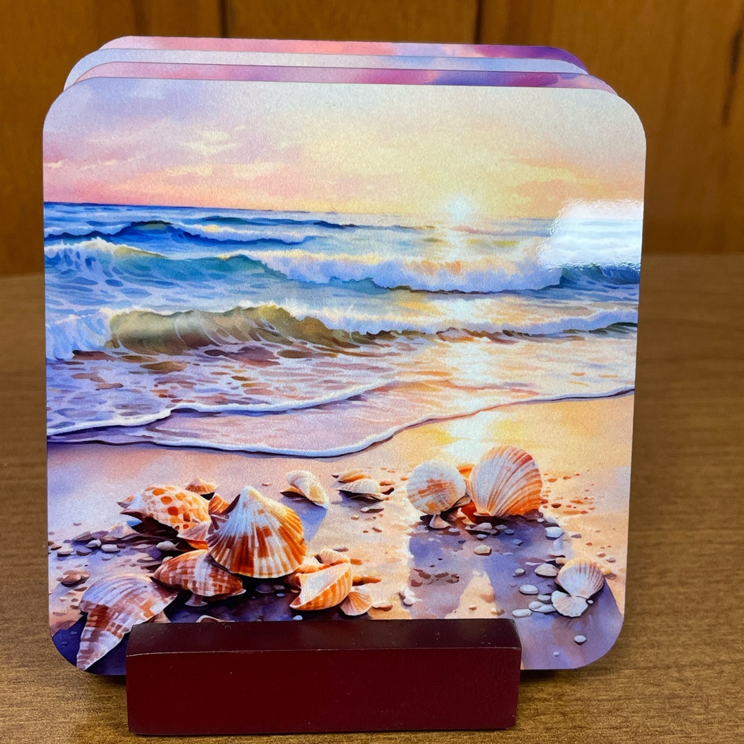 Beach Sunset Coaster Set: Nautical Seashell Decor With Mahogany Stand ...