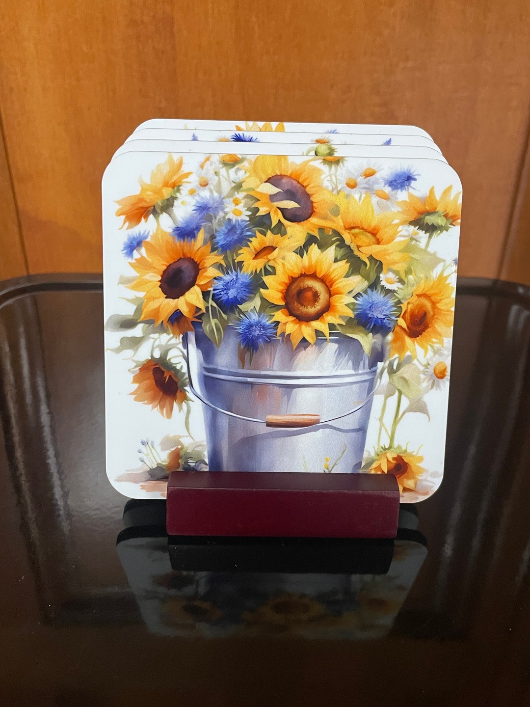 Sunflower Coaster Set: Floral Bucket Design, Mahogany Stand - Etsy