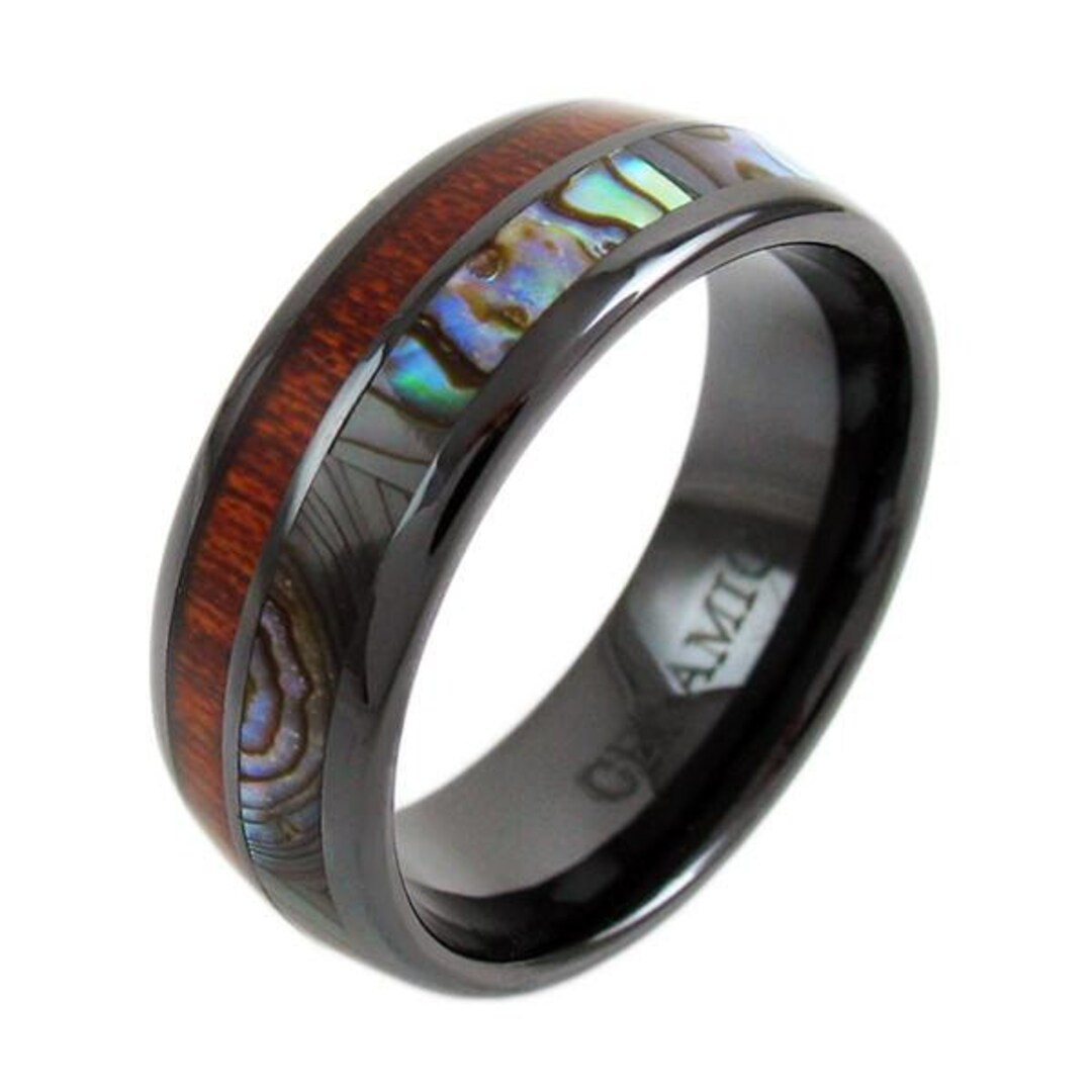 Men's Black Ceramic Ring With Abalone and Wood Inlays Casual ...