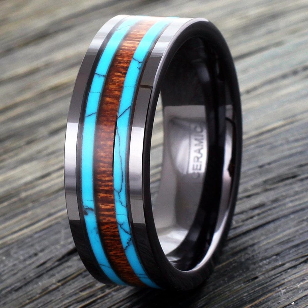 Men's Black Ceramic Ring With Stunning Koa Wood and Turquoise Inlays ...