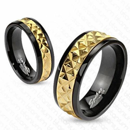 Two-tone Black Titanium Ring With Ion Plated 14K Gold Pyramid Center ...