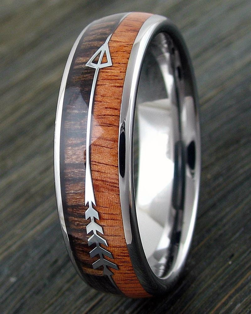 Men's Silver Tungsten Dome Ring W/ Koa Wood Inlay and Feathered Arrow ...