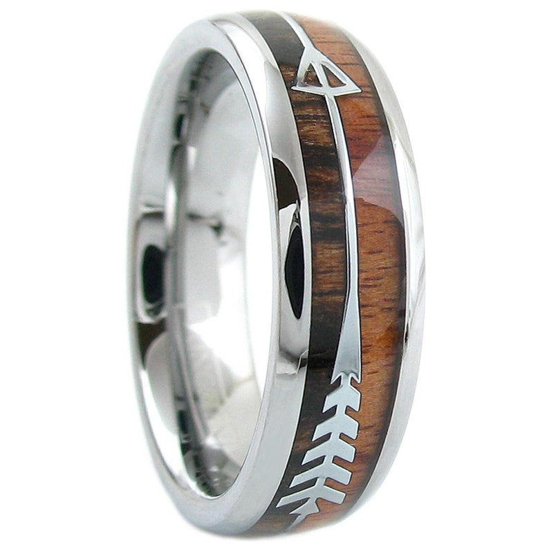 Men's Silver Tungsten Dome Ring W/ Koa Wood Inlay and Feathered Arrow ...