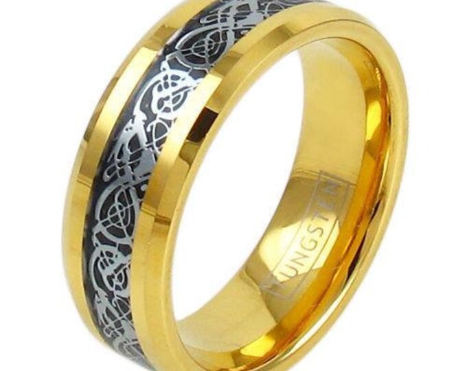 Men's 4K Gold Ion Plated Tungsten Ring With Silver Celtic Dragon on ...