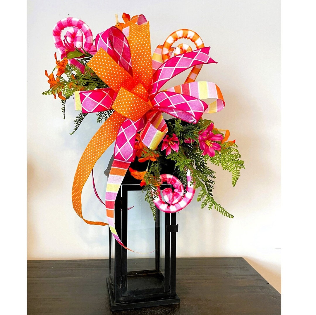 Orange and Pink Floral Lantern Bow, Summer Lantern Bow, Spring Bow for ...