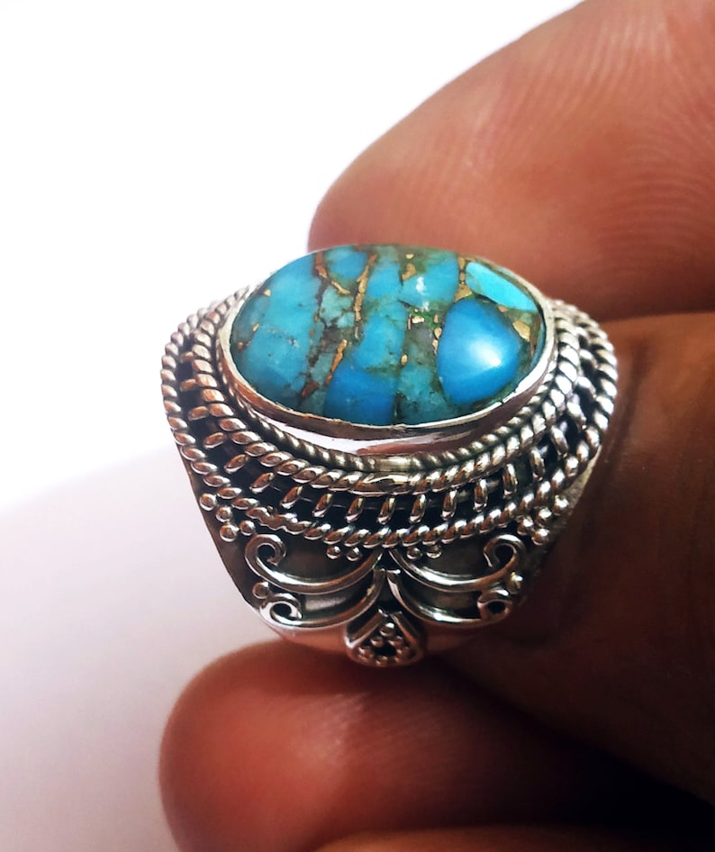 Blue Copper Turquoise Ring 92.5% Solid Silver Ring 10x14mm | Etsy