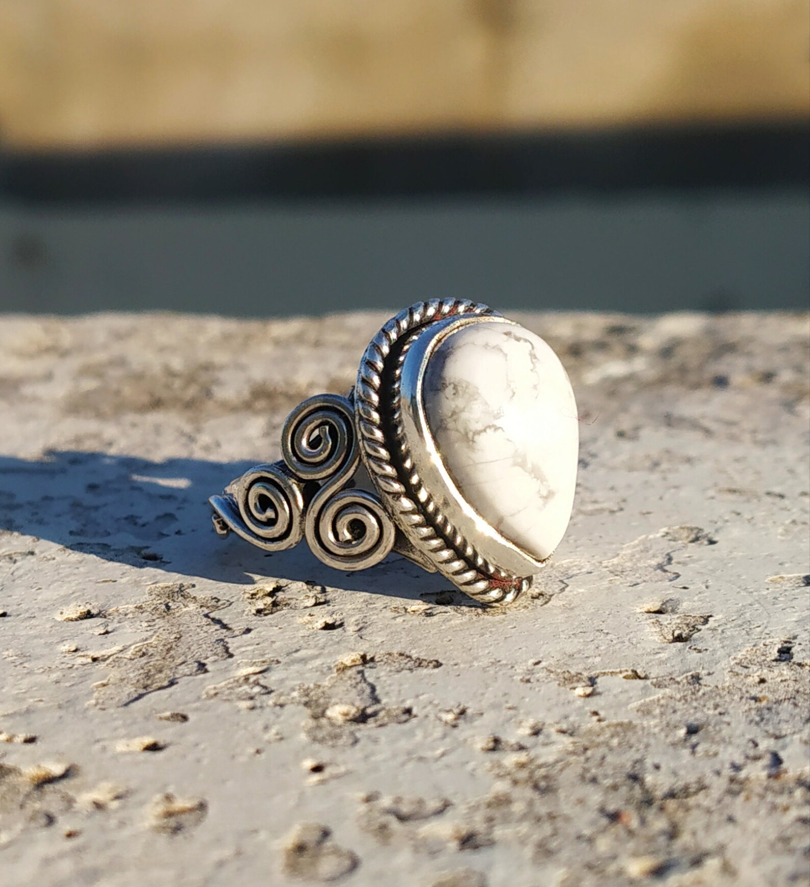 White Howlite Ring 92.5% Silver Ring Water-drop Stone Ring - Etsy