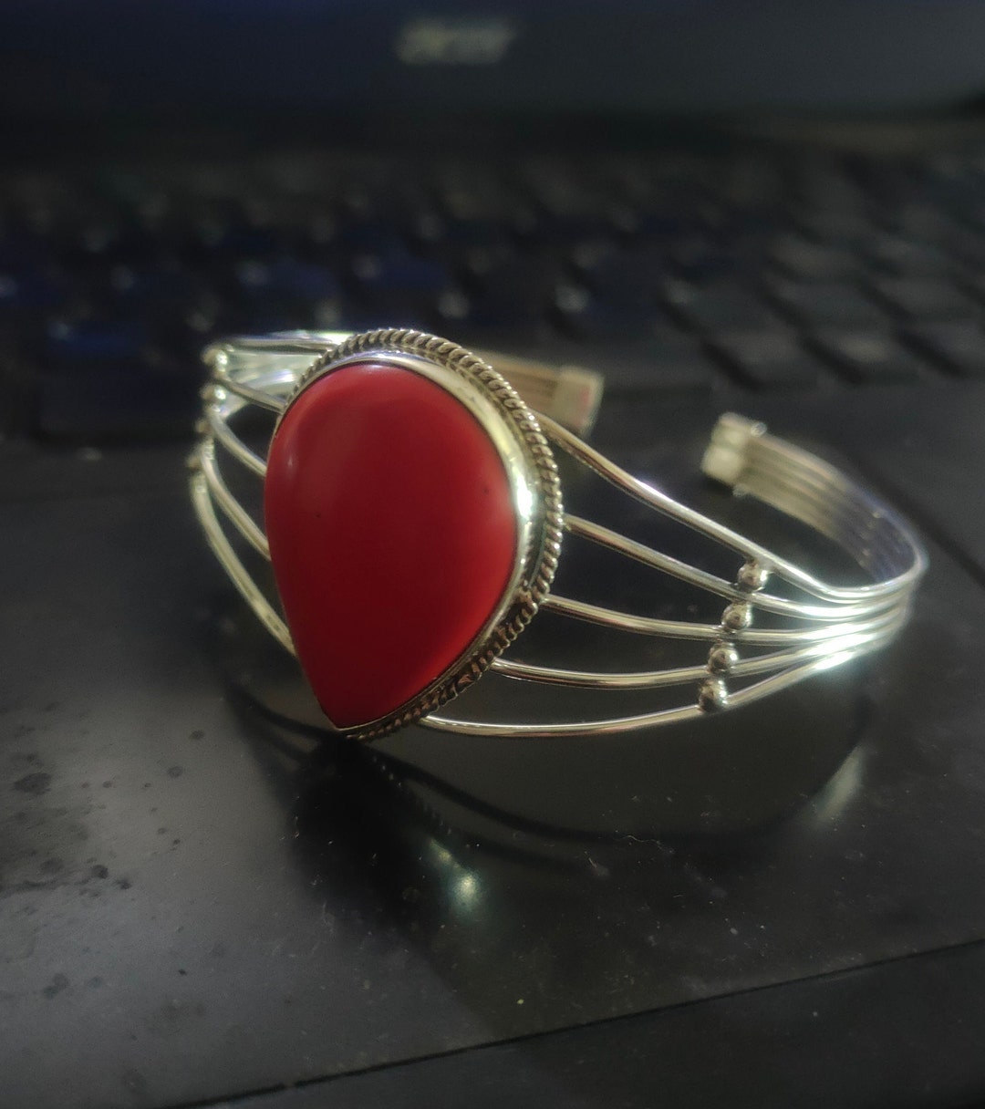 Red Coral Bengal, Silver Hand Cuff, Red Stone Bangle, Wide Band Bangle ...