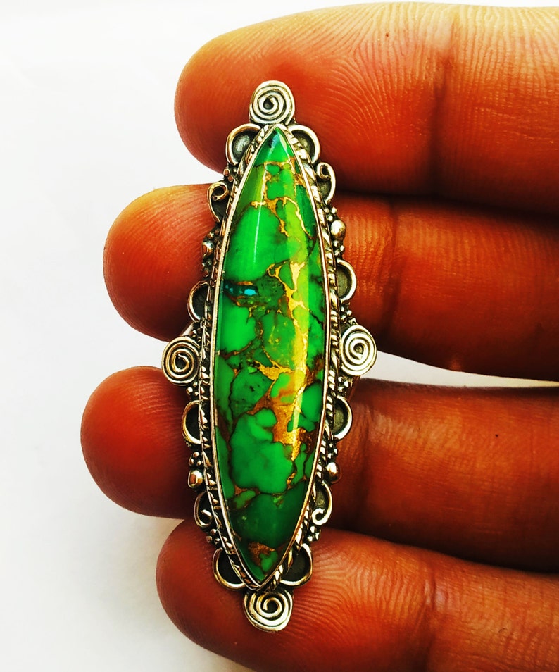 Green Turquoise Ring 92.5% Silver Ring Long Stone Ring - Etsy