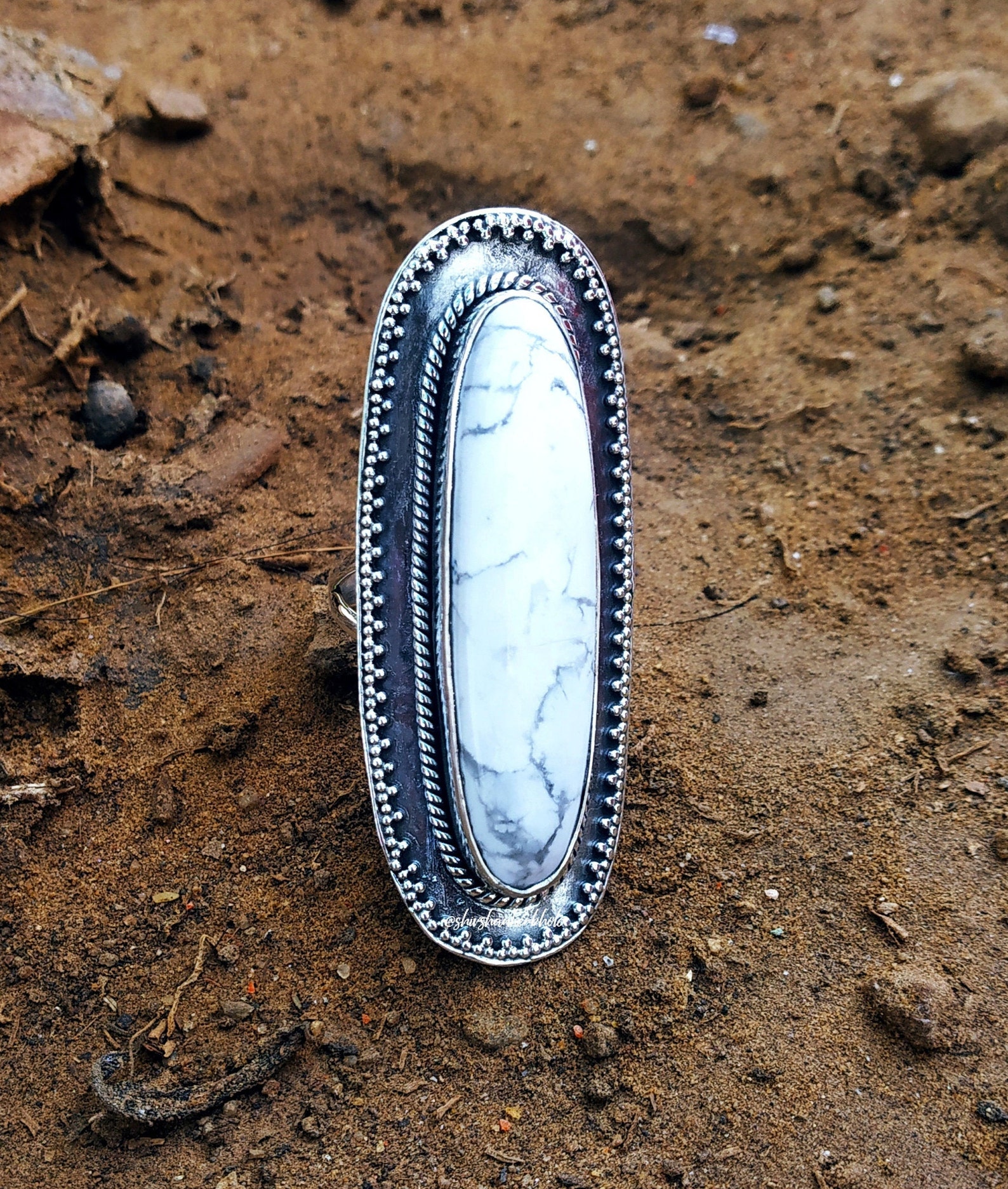 White Howlite Ring, 92.5% Silver Ring, Long Ring, White Turquoise Ring ...