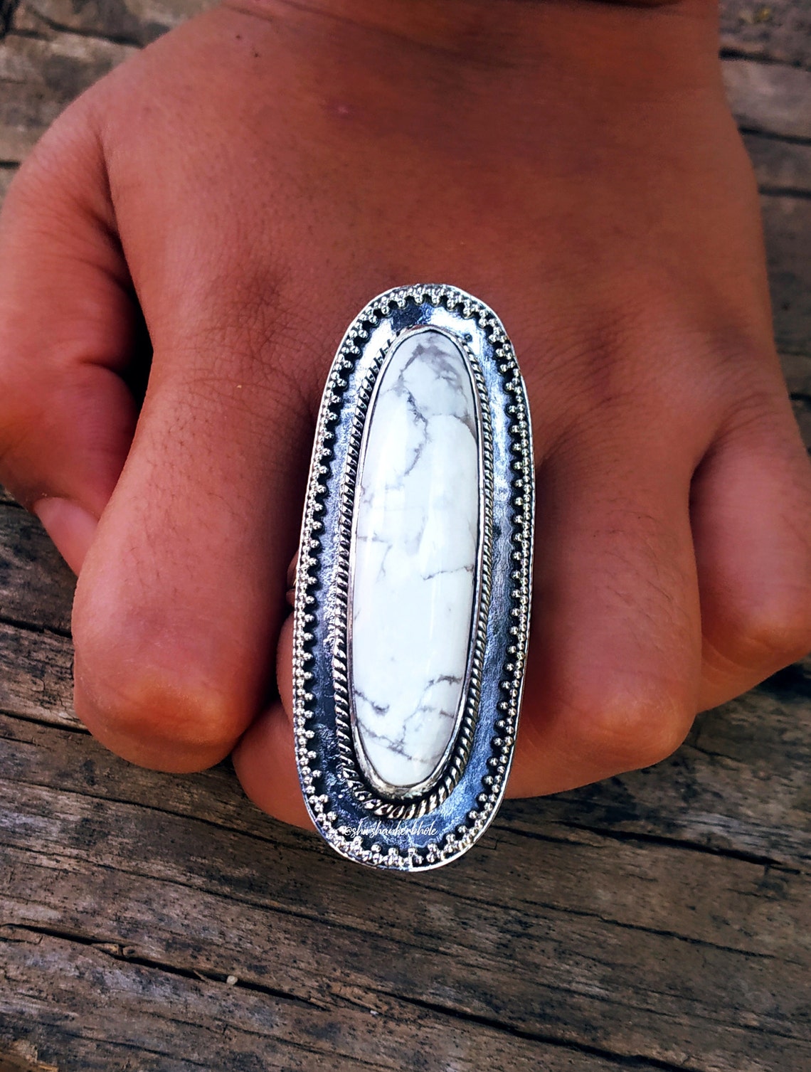 White Howlite Ring 92.5% silver ring Long Ring White | Etsy