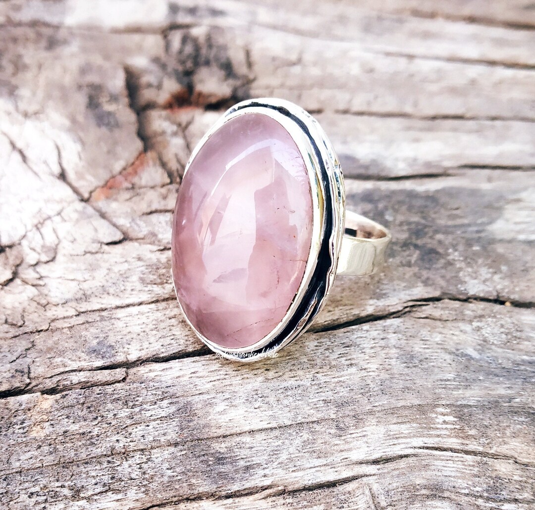 Buy Rose Quartz Ring, 9.25% Silver Ring,big Stone Ring, Hammered Ring ...