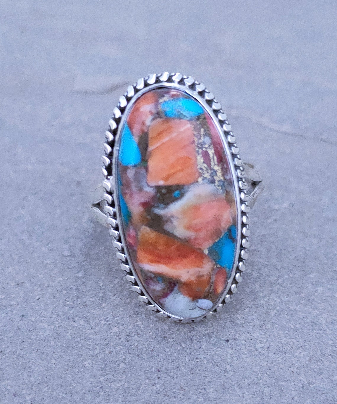 Oyster Turquoise Ring 92.5% silver Ring Big Stone Long Ring | Etsy