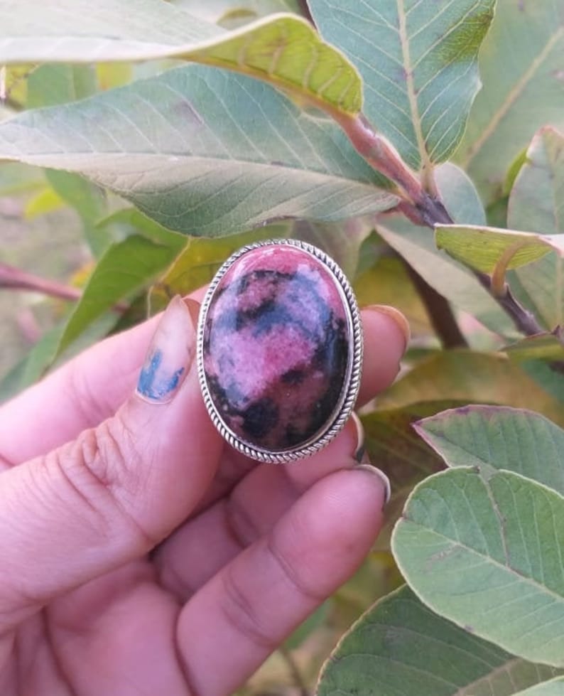 Rhodonite ring 92.5% silver ring Pale pink stone ring | Etsy