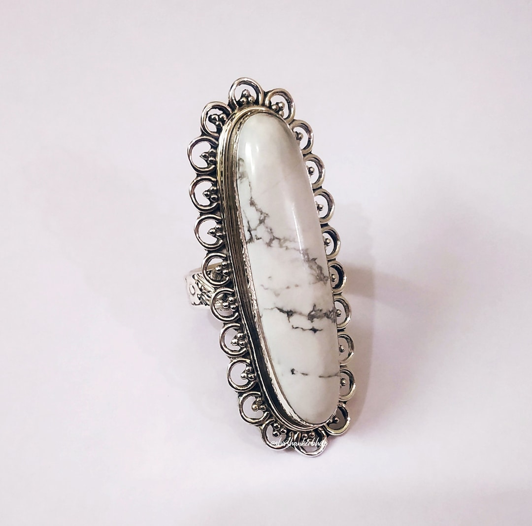 White Howlite Ring, 92.5% Silver Ring, Long Ring, White Turquoise Ring ...