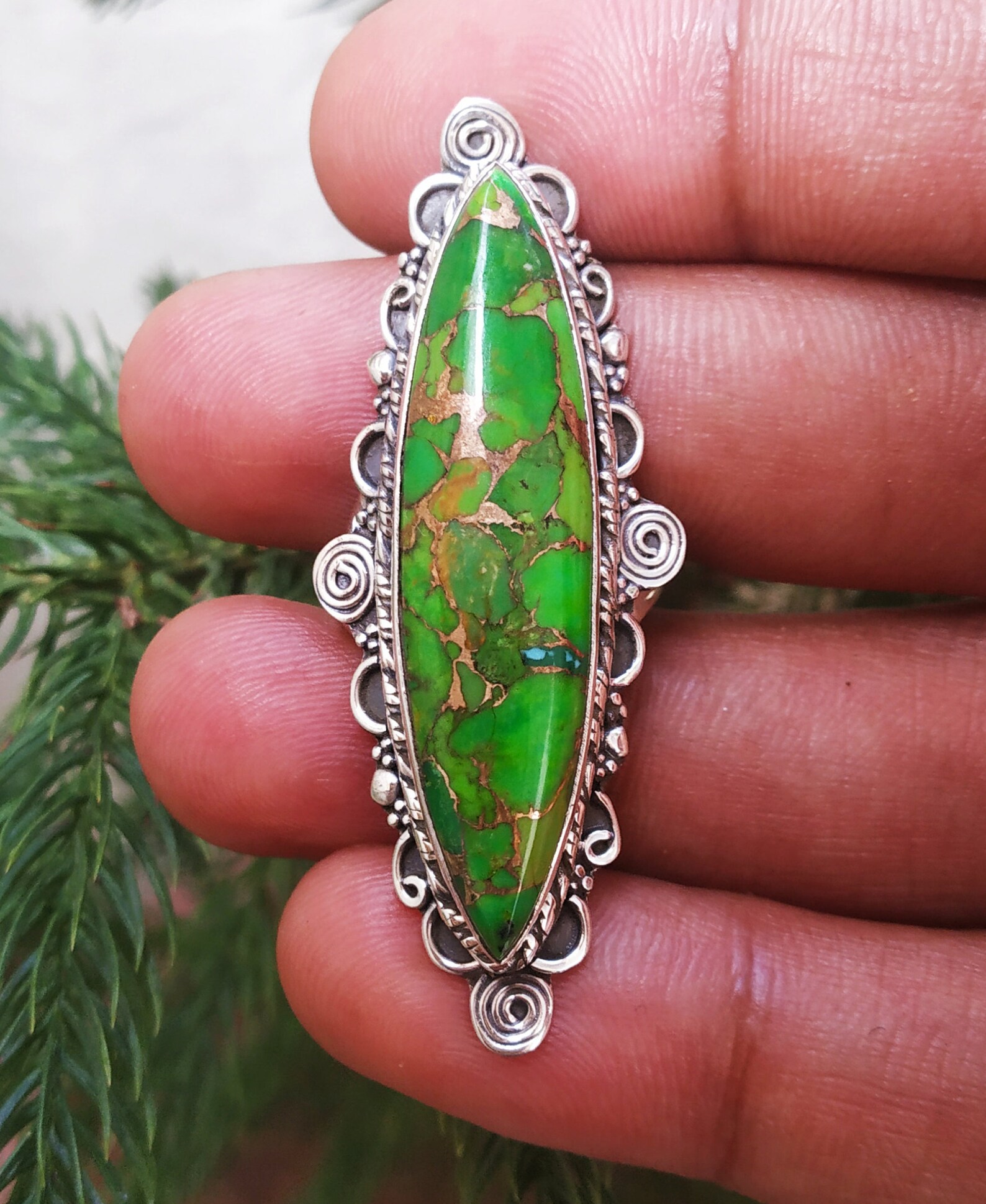 Green Turquoise Ring 92.5% Silver Ring Long Stone Ring - Etsy