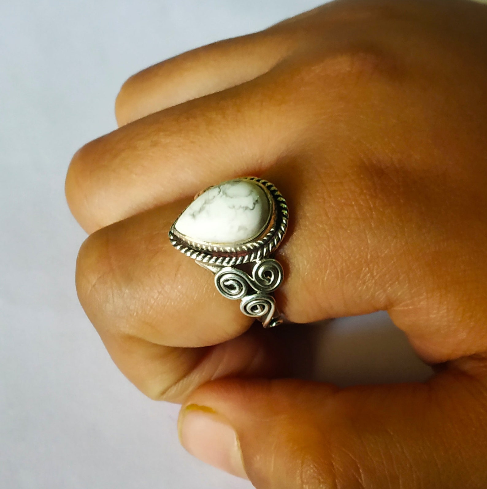 White Howlite Ring 92.5% Silver Ring Water-drop Stone Ring - Etsy