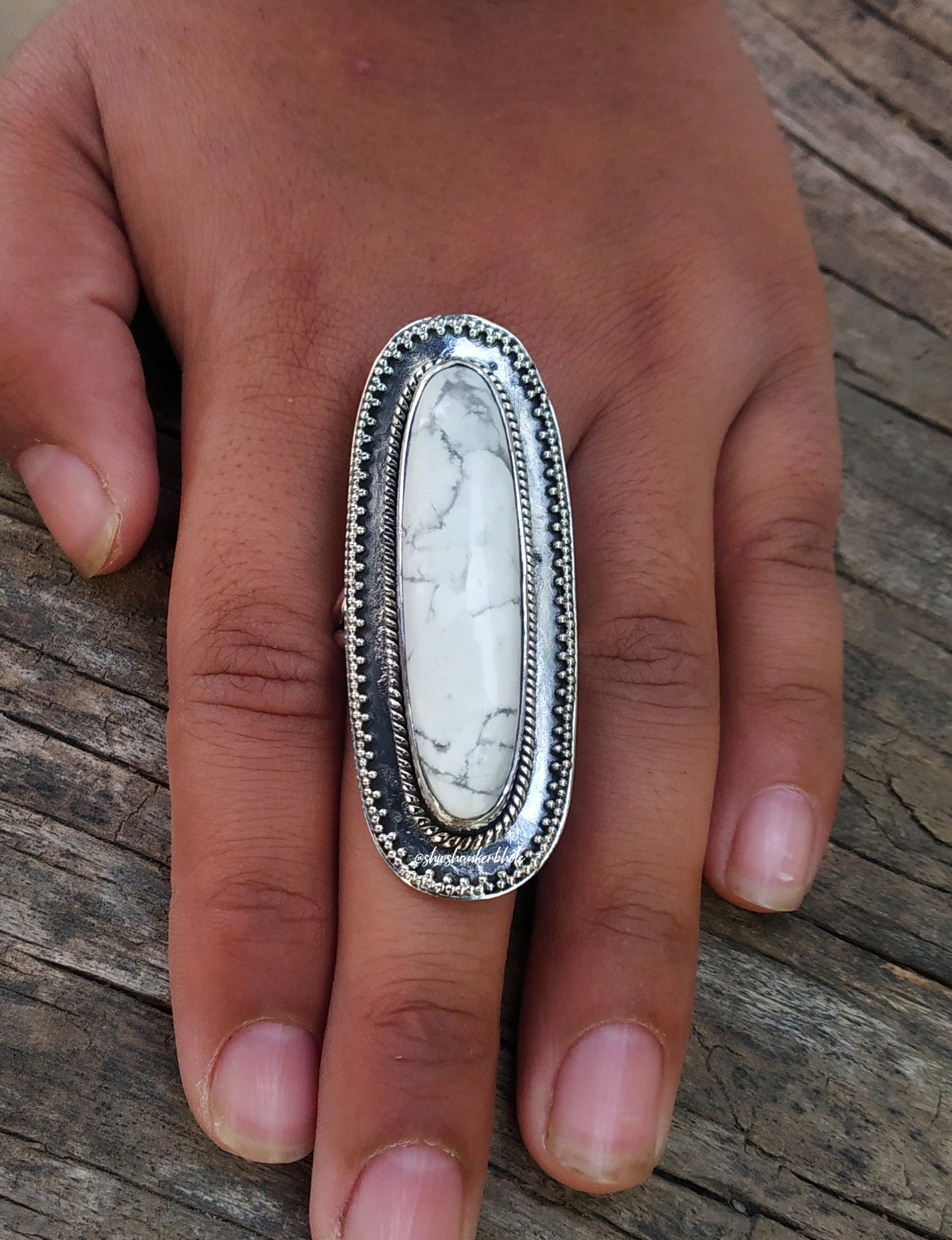 White Howlite Ring, 92.5% Silver Ring, Long Ring, White Turquoise Ring ...