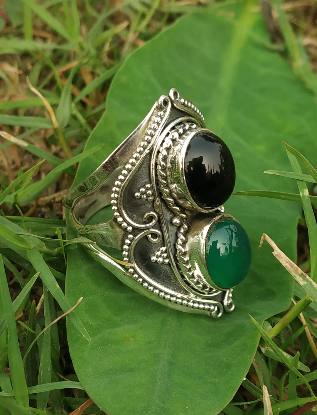 Onyx Ring, 92.5% Silver Ring, Black Onyx Ring, Green Onyx Ring, Wide ...