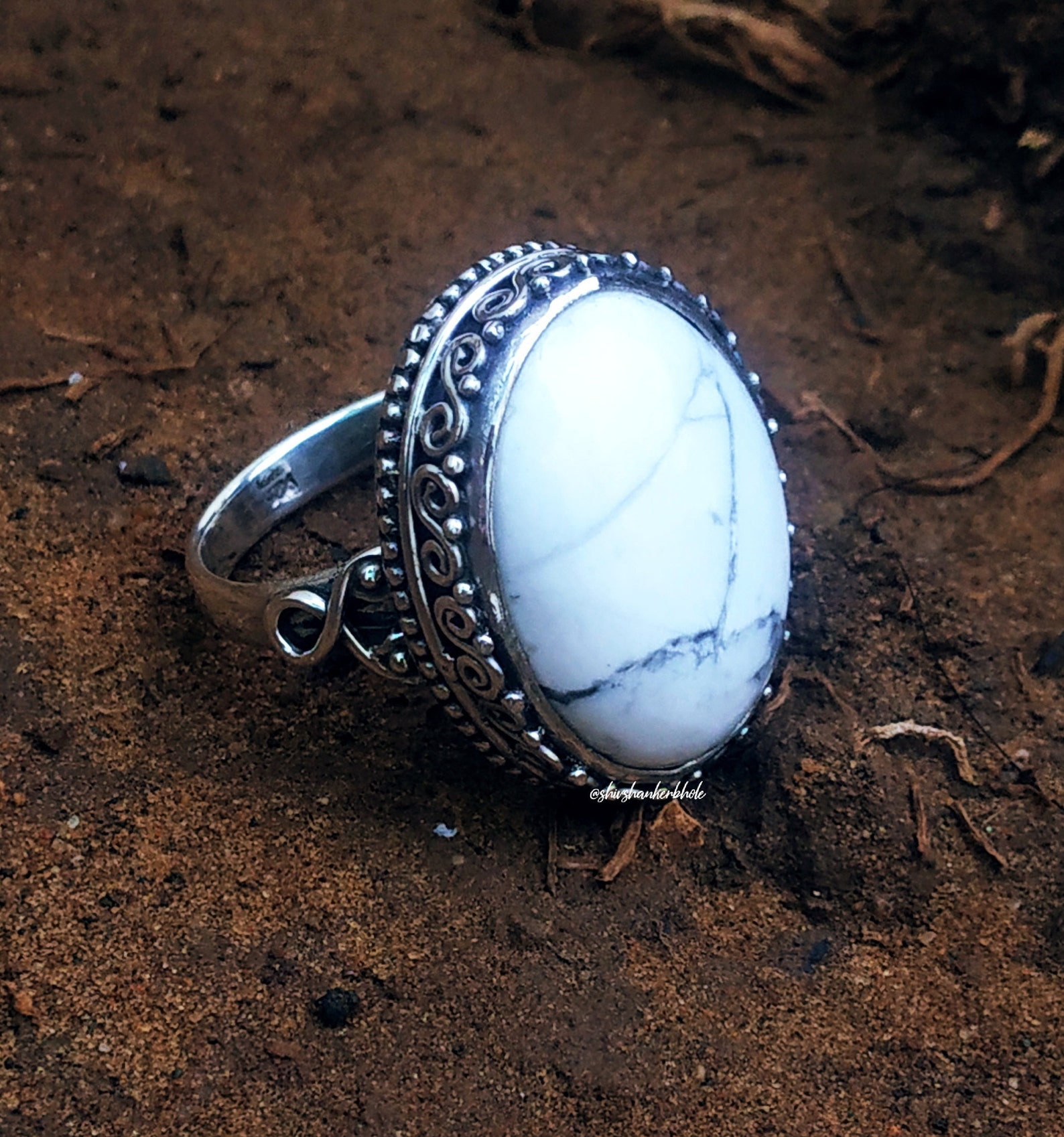 Howlite Ring 92.5% Silver Ring 15x20 Mm Big Oval Stone Ring - Etsy