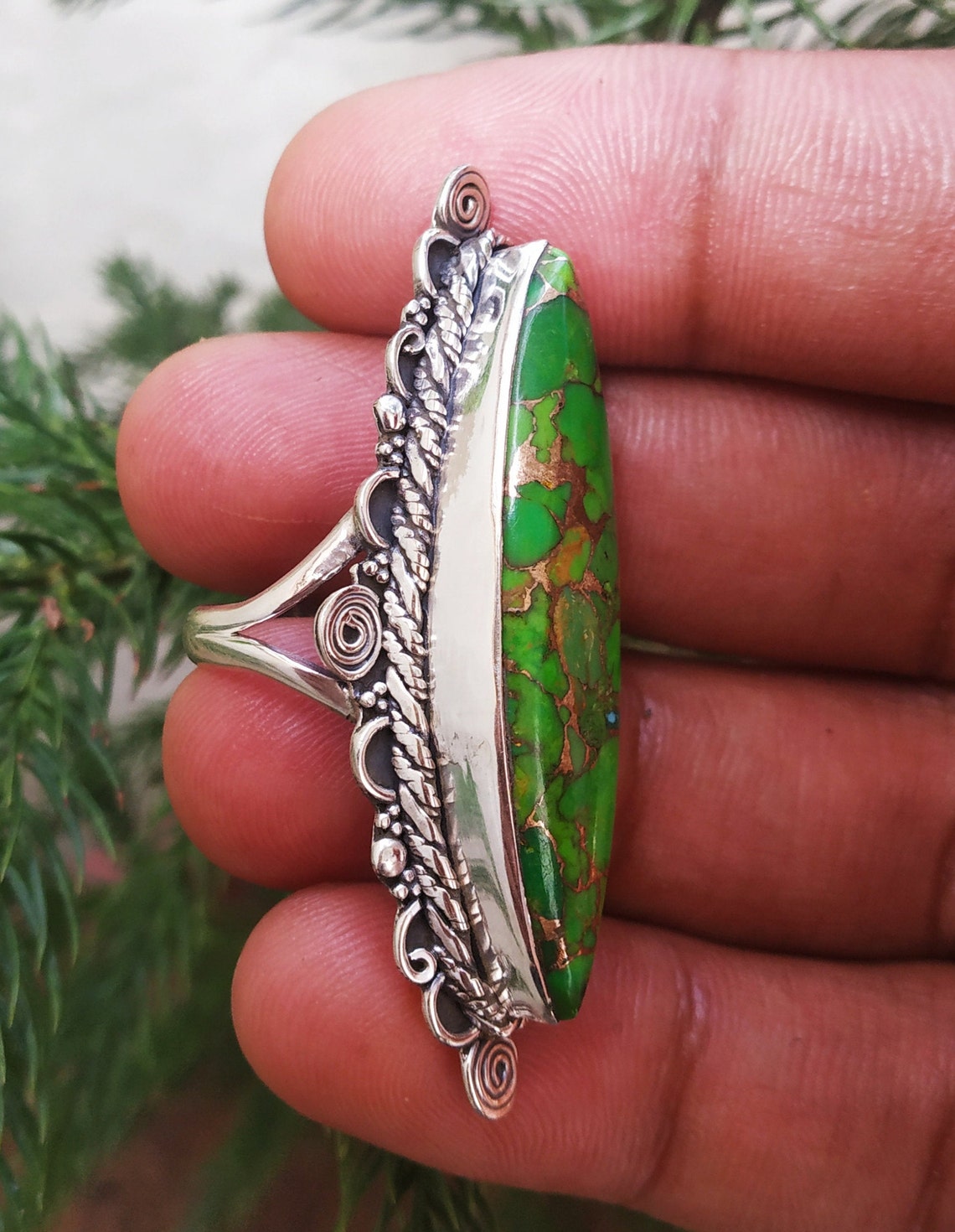 Green Turquoise Ring 92.5% Silver Ring Long Stone Ring | Etsy