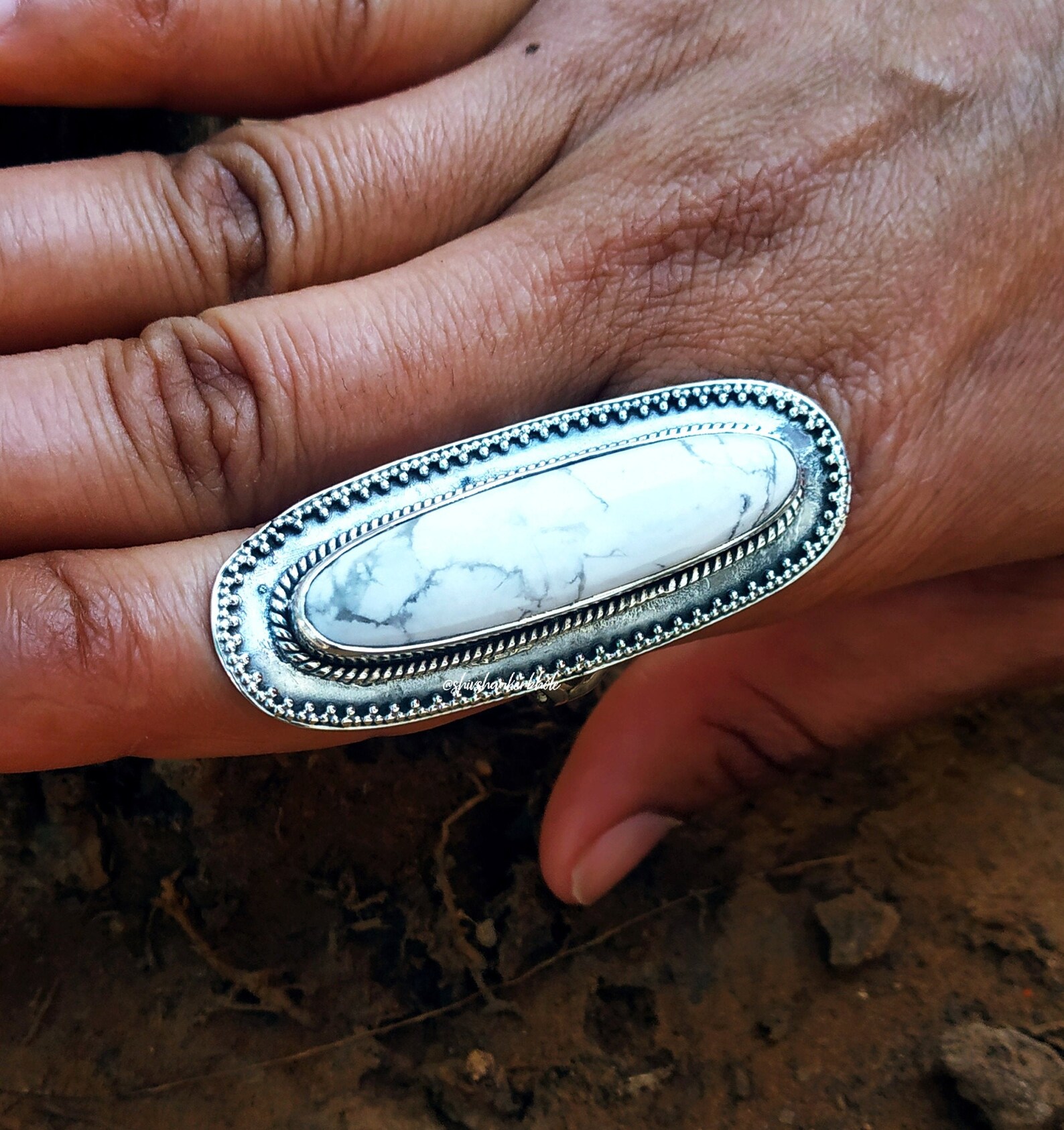 White Howlite Ring, 92.5% Silver Ring, Long Ring, White Turquoise Ring ...