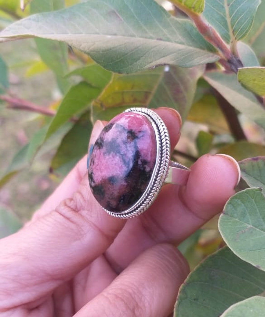 Rhodonite Ring, 92.5% Silver Ring, Pale Pink Stone Ring, Rhodonite ...