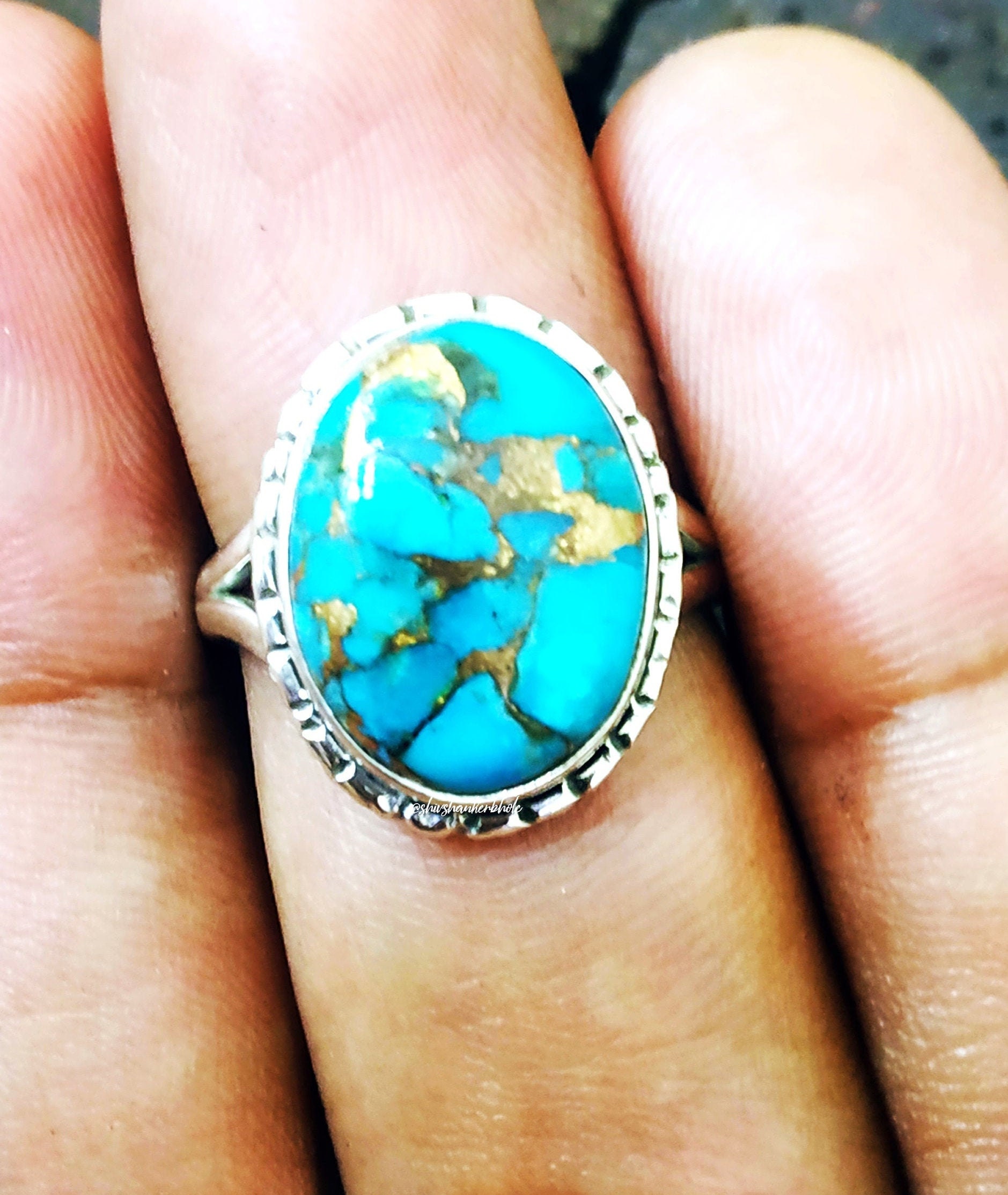 Blue Copper Turquoise Ring 92.5% silver ring Blue Stone | Etsy