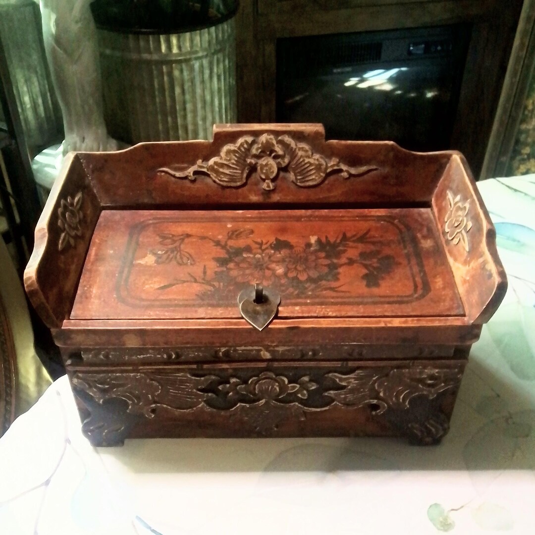 Oriental Wooden Jewelry Keepsake Box Coffee Hand Painted Pyrography ...