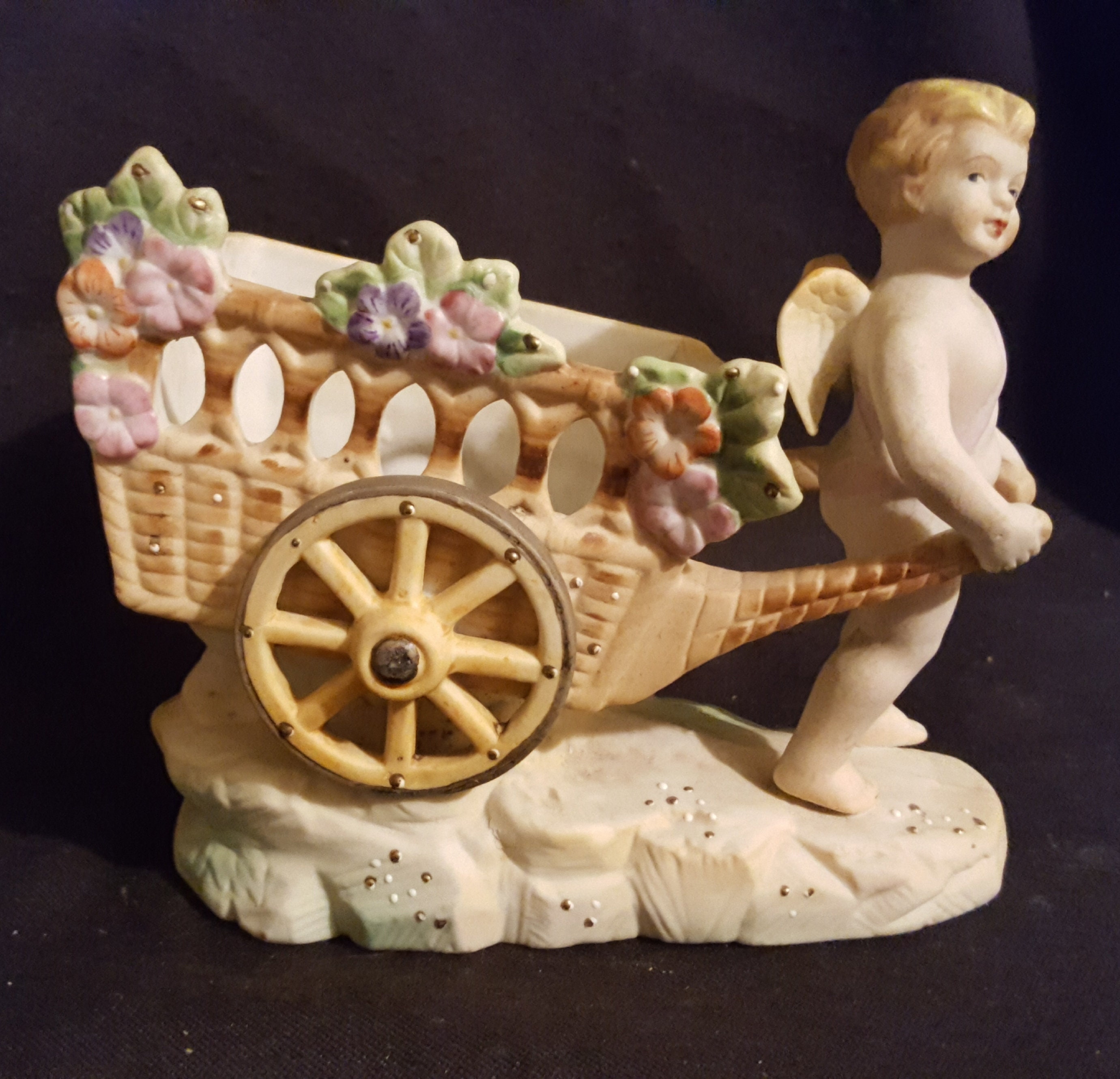 Vintage Ucagco cherub angel pulling flower cart wagon planter | Etsy