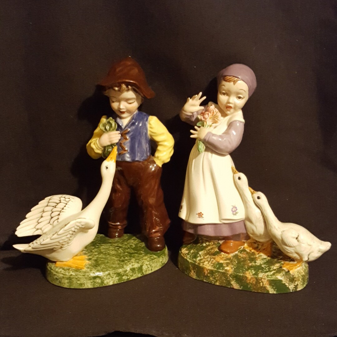 Vintage Atlantic Mold Ceramic Boy and Girl With Geese Goose Figurine ...