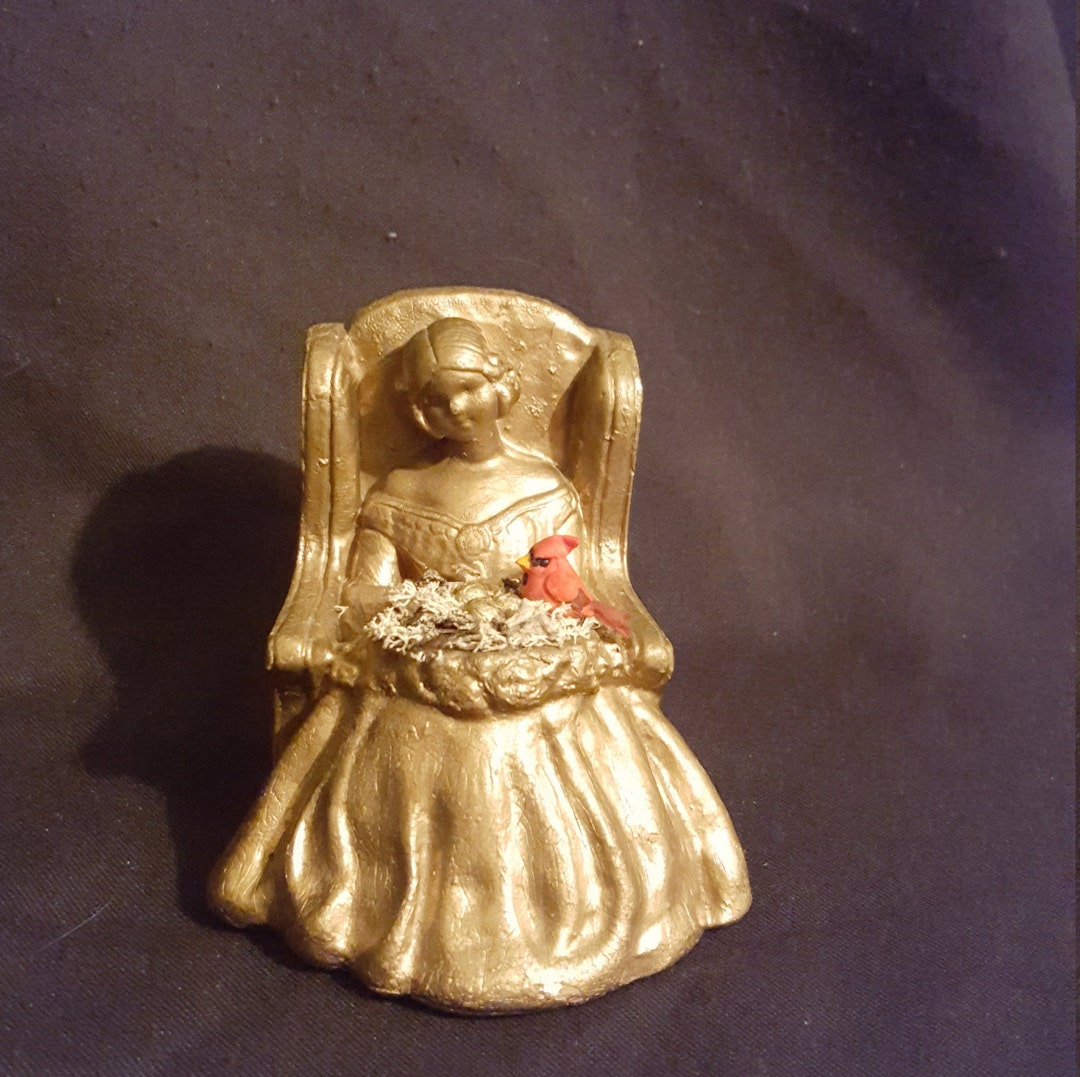 Miniature Chalkware Lady Sitting in Chair With Cardinal & Bird Nest on ...