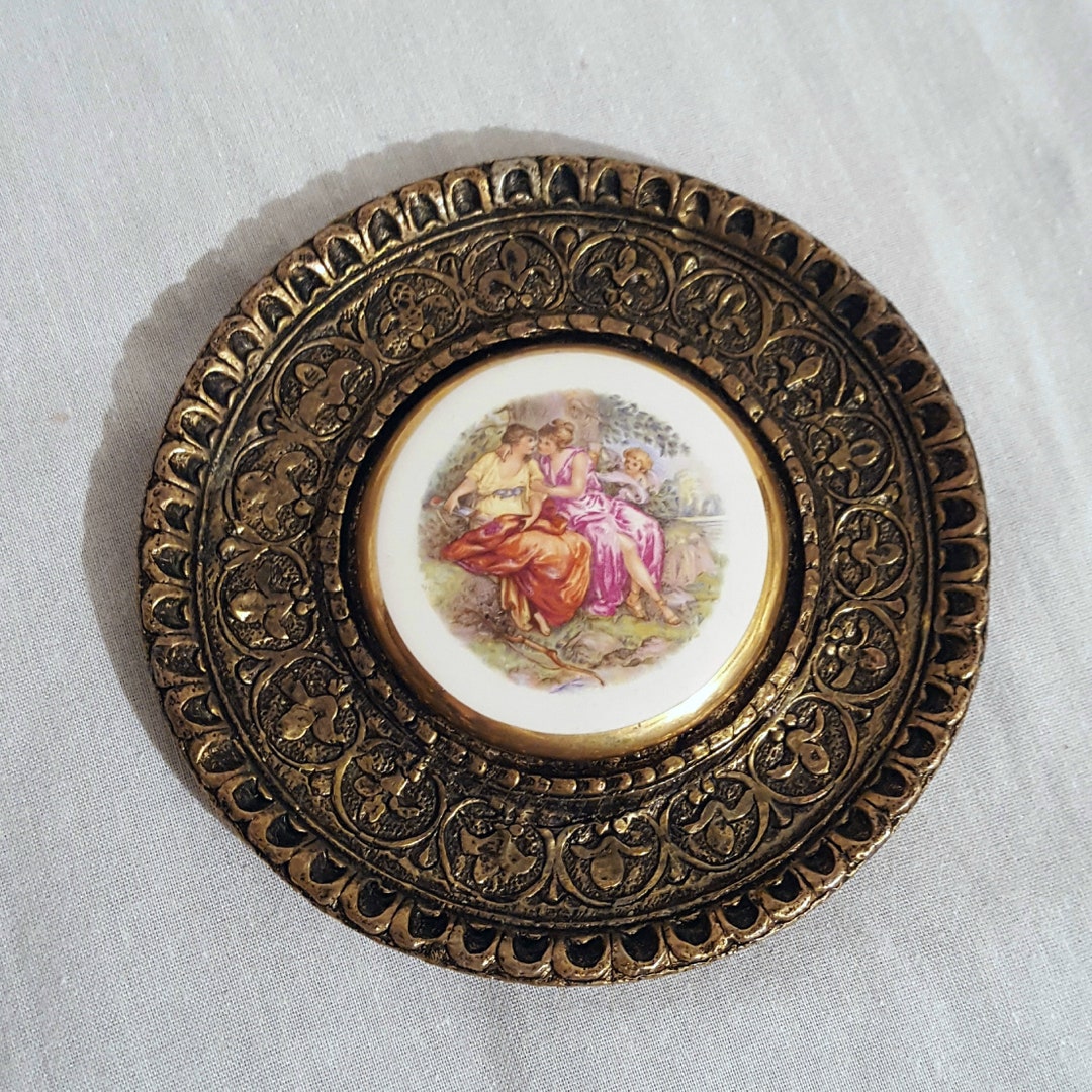 Rare Porcelain Handpainted Enamel Disc in Ornate Heavy Metal Brass ...