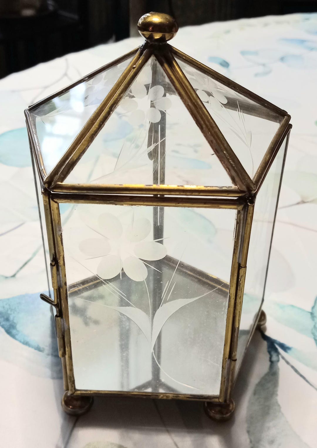 Curio Display Cabinet Small Tabletop Brass Etched Glass Watch Figurine ...