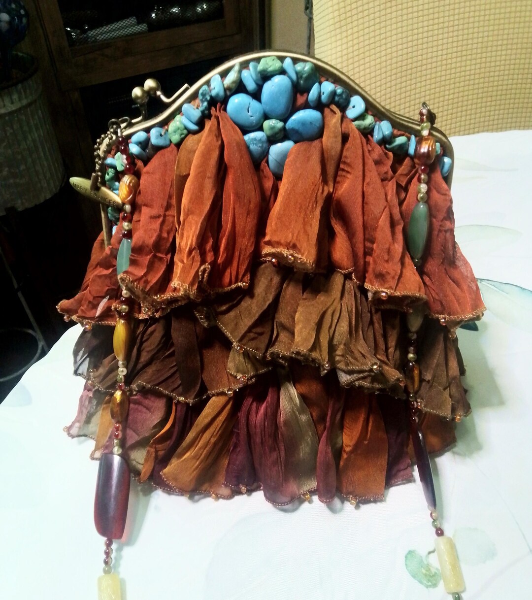 Mary Frances Ruffle Tiered Turquoise Adorned Shoulder Bag Beaded Strap ...