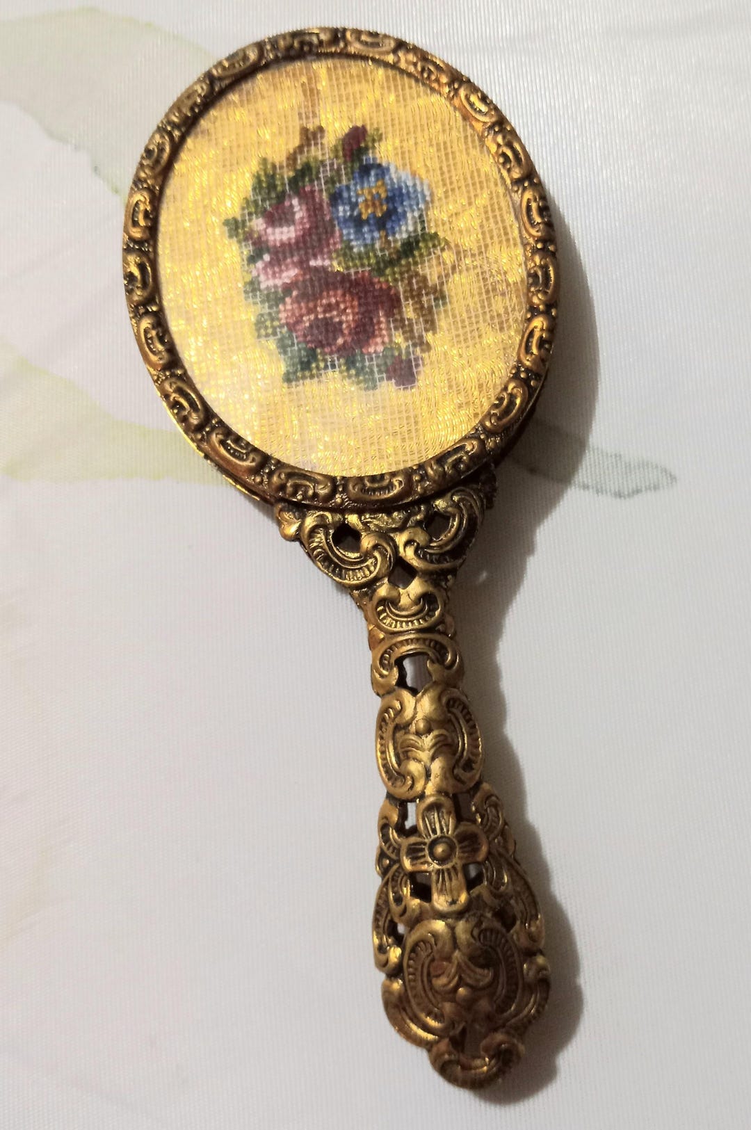 Hand Mirror Gold Brass Ormolu Foil Covered Petit Point Needlepoint ...