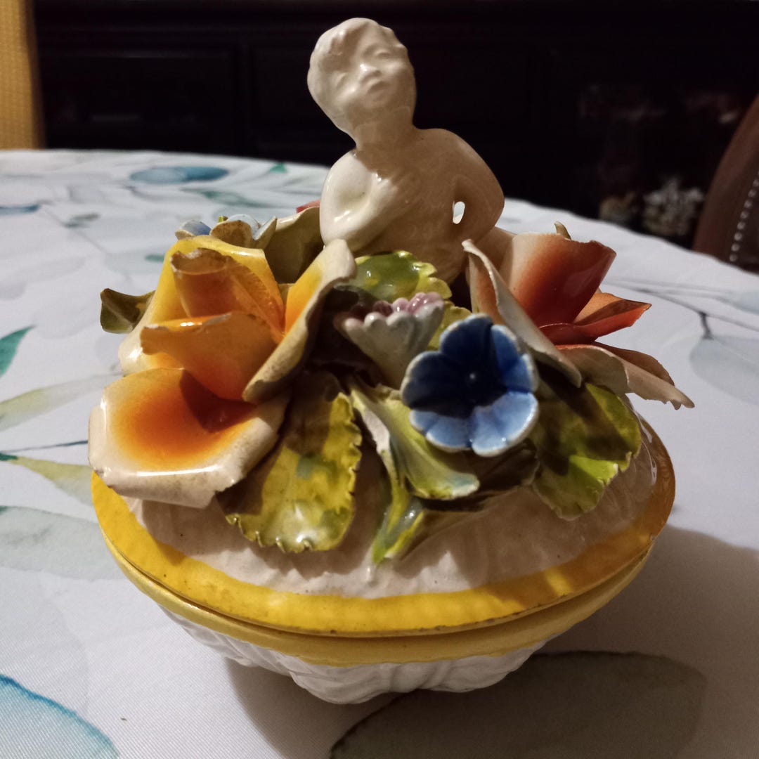 Italian Capodimonte Putti Figure, Flower Lidded Trinket, Jewelry ...