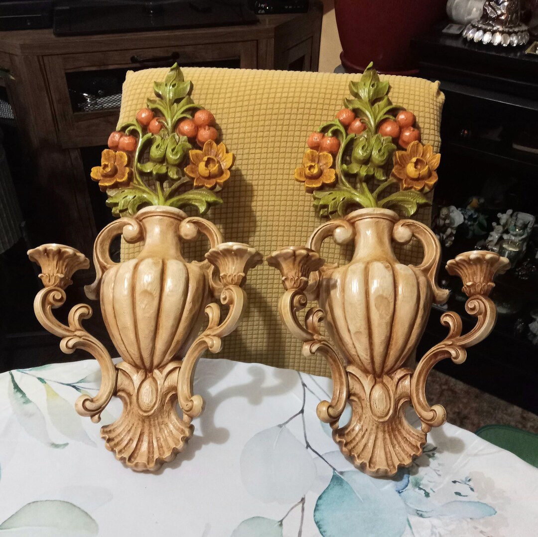 MCM Set Flower Urn Candelabra Double Candle Holder Wall Sconce Display ...