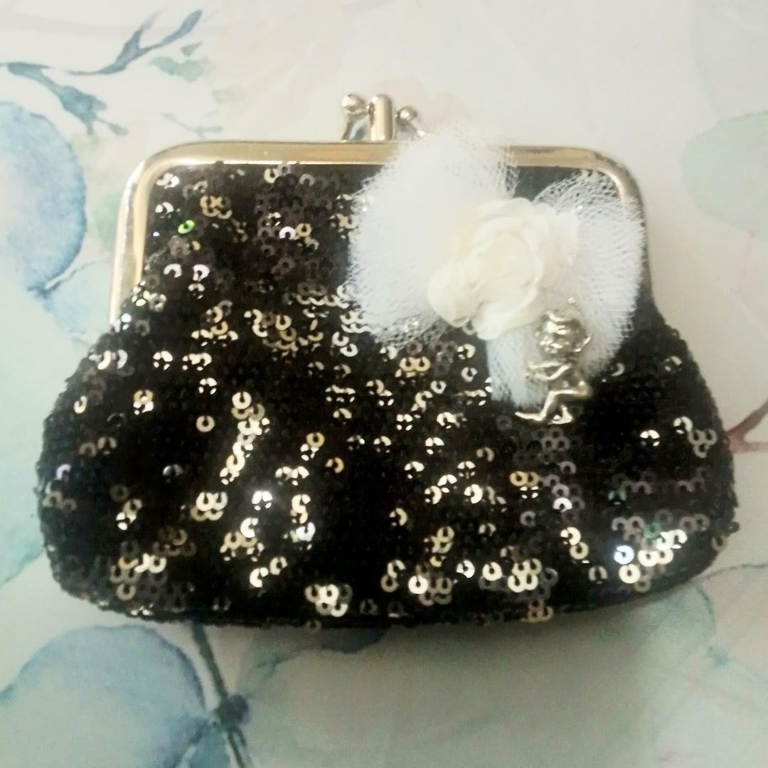 Vintage Black Sequin Flower Adorned Coin Change Purse Snap Closure - Etsy