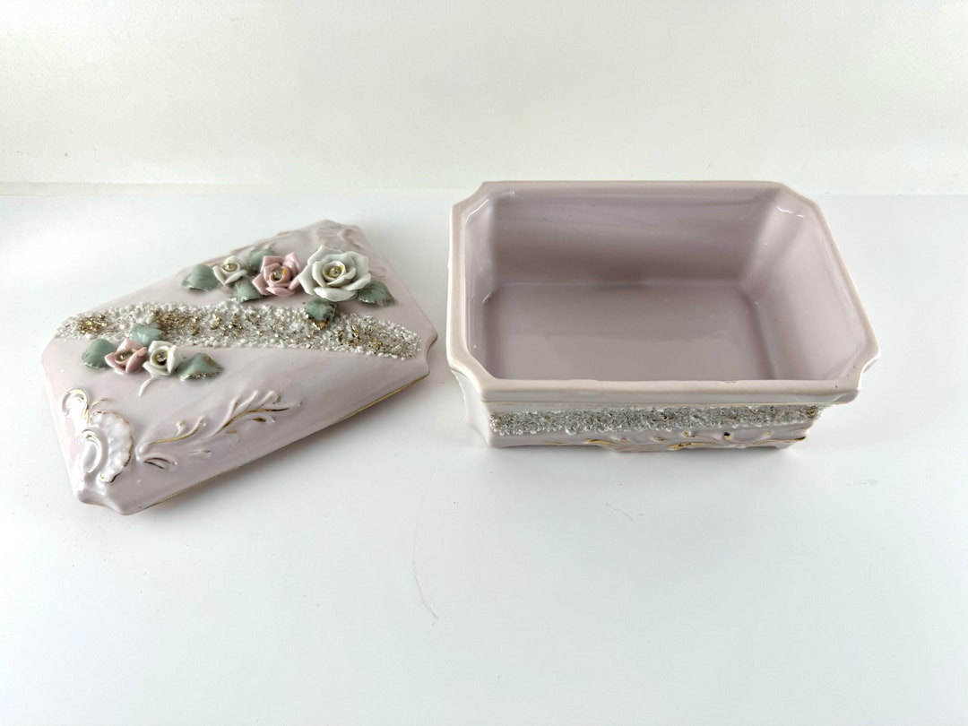 Vintage Pink Floral Trinket Box With Spaghetti Trim - Vintage Pink ...