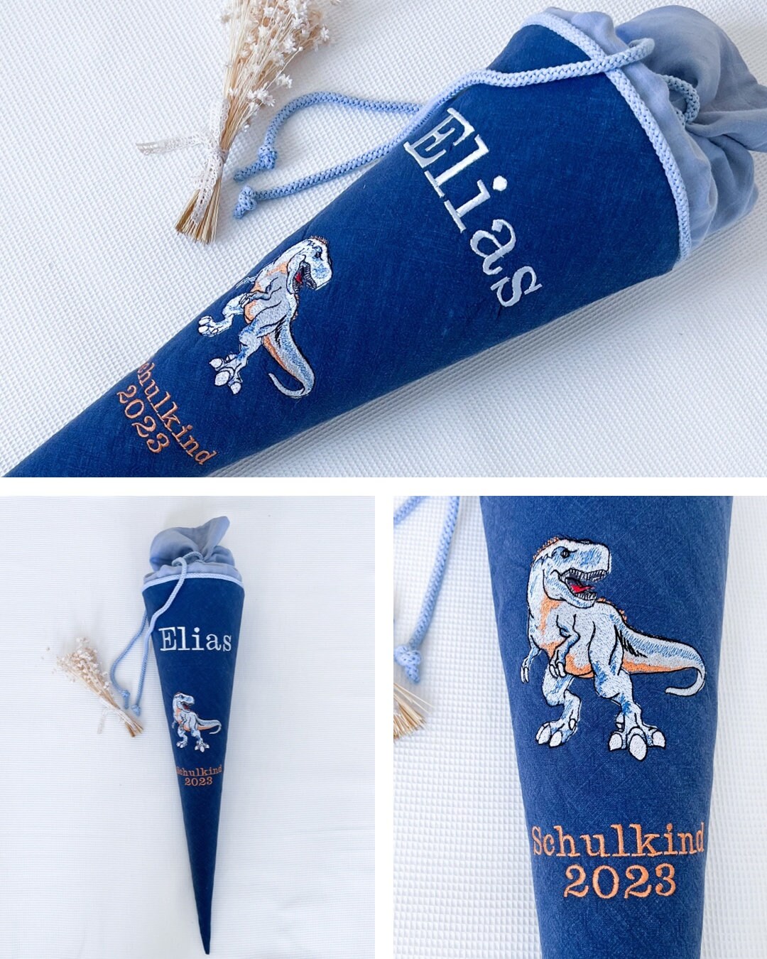 Embroidered School Cone Boy T-REX Dinosaur Dino - Blue Linen by ...