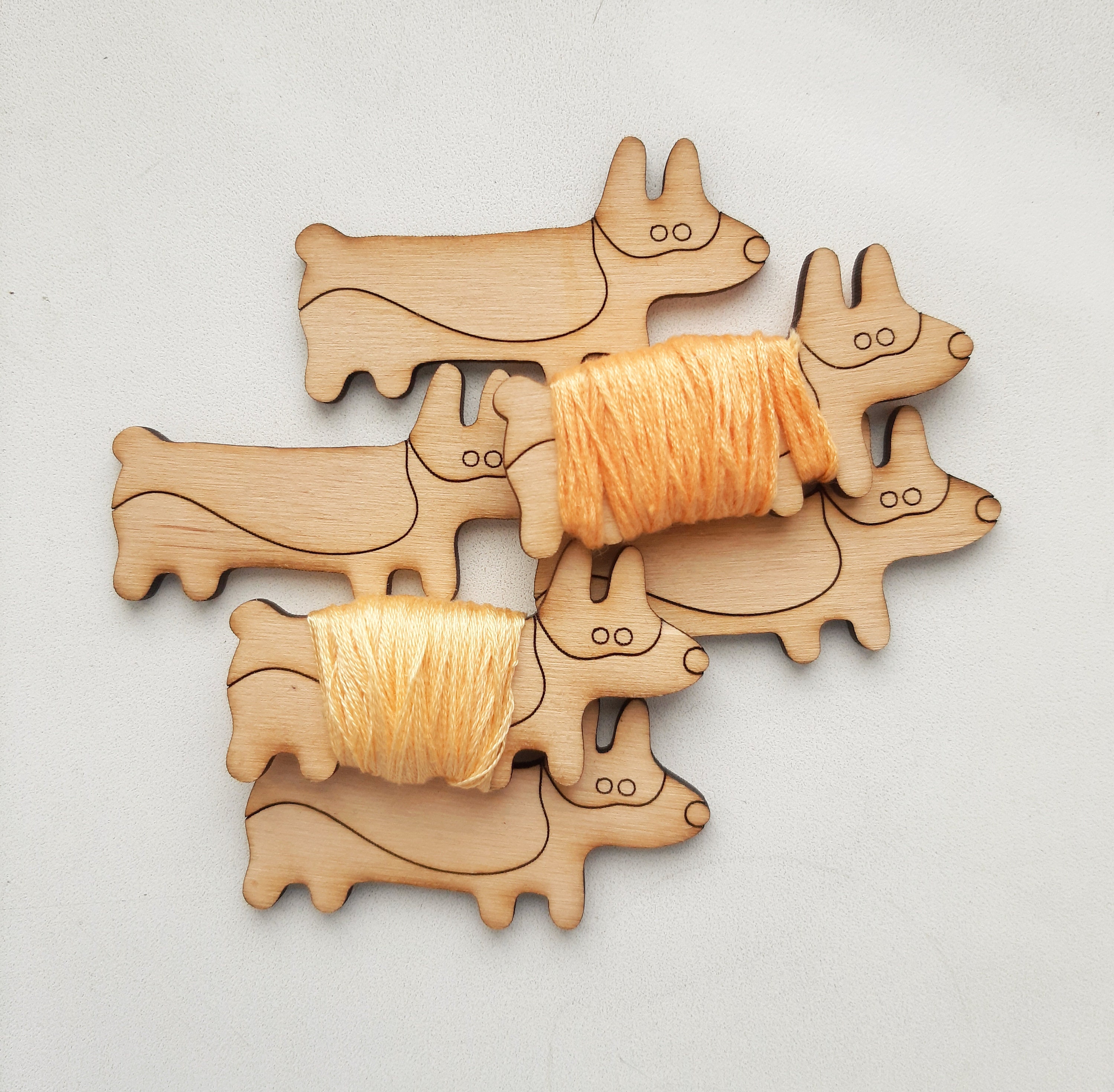 Dog Shaped Wooden Floss Bobbins: Corgi & Dachshund Thread Holders - Set ...