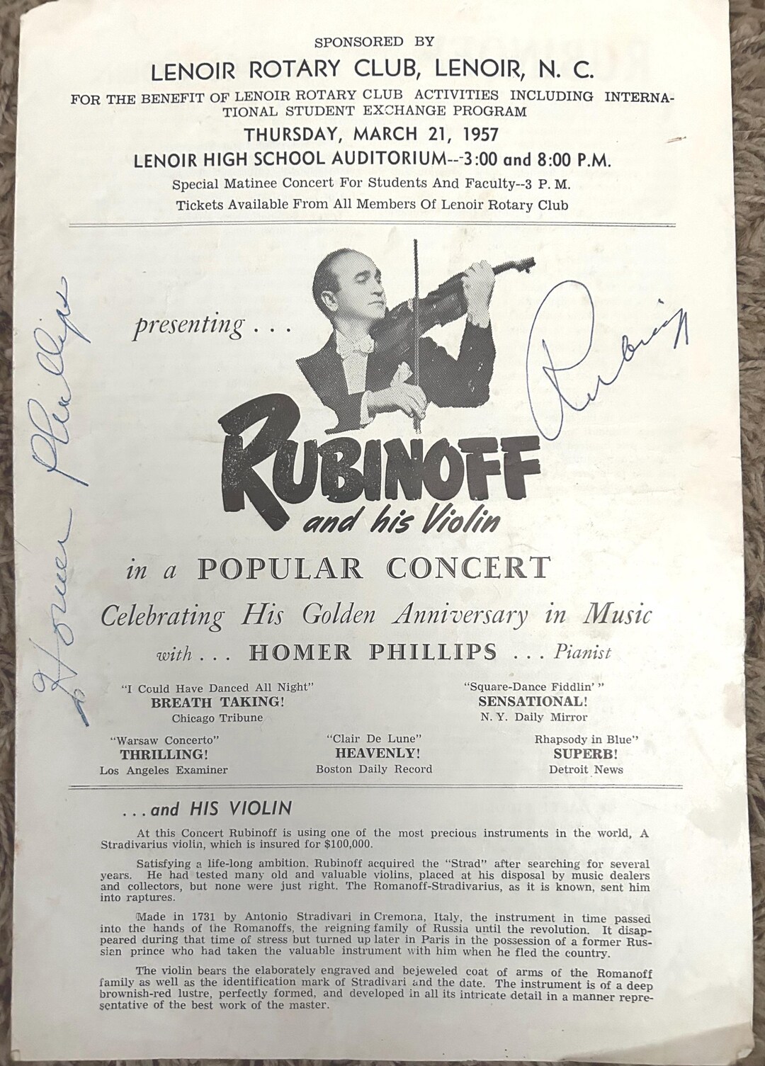 Autographed "rubinoff and His Violin" Program: Rubinoff & Homer ...
