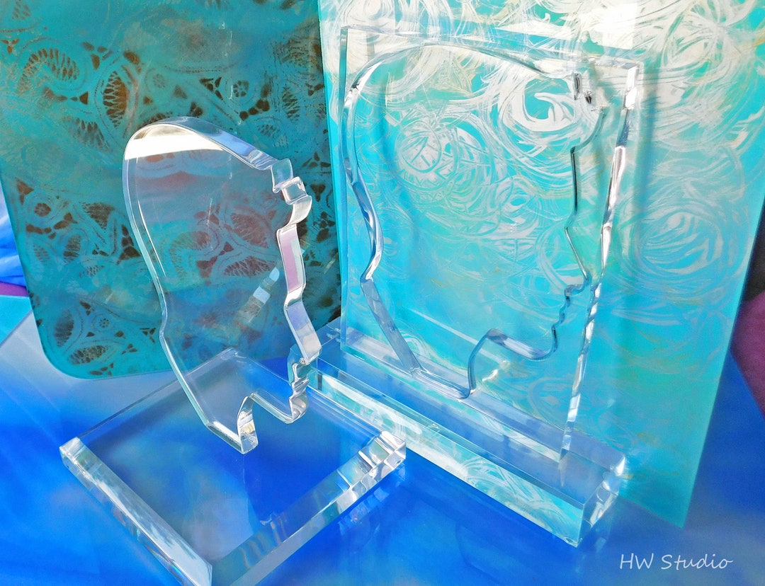Lucite Head Profile Sculpture Set of 2, Clear Lucite Man Profile ...