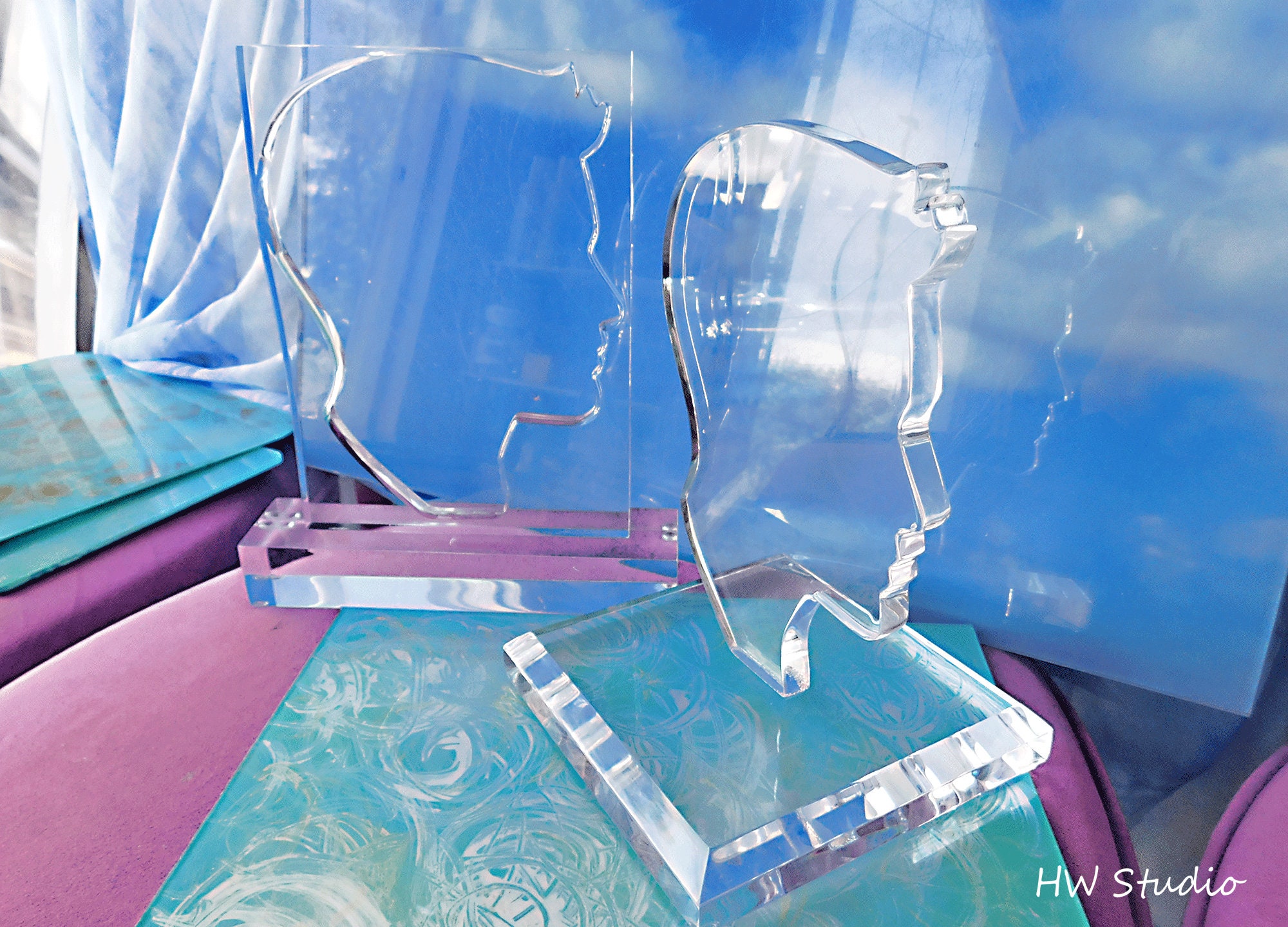 Lucite Head Profile Sculpture Set of 2, Clear Lucite Man Profile ...