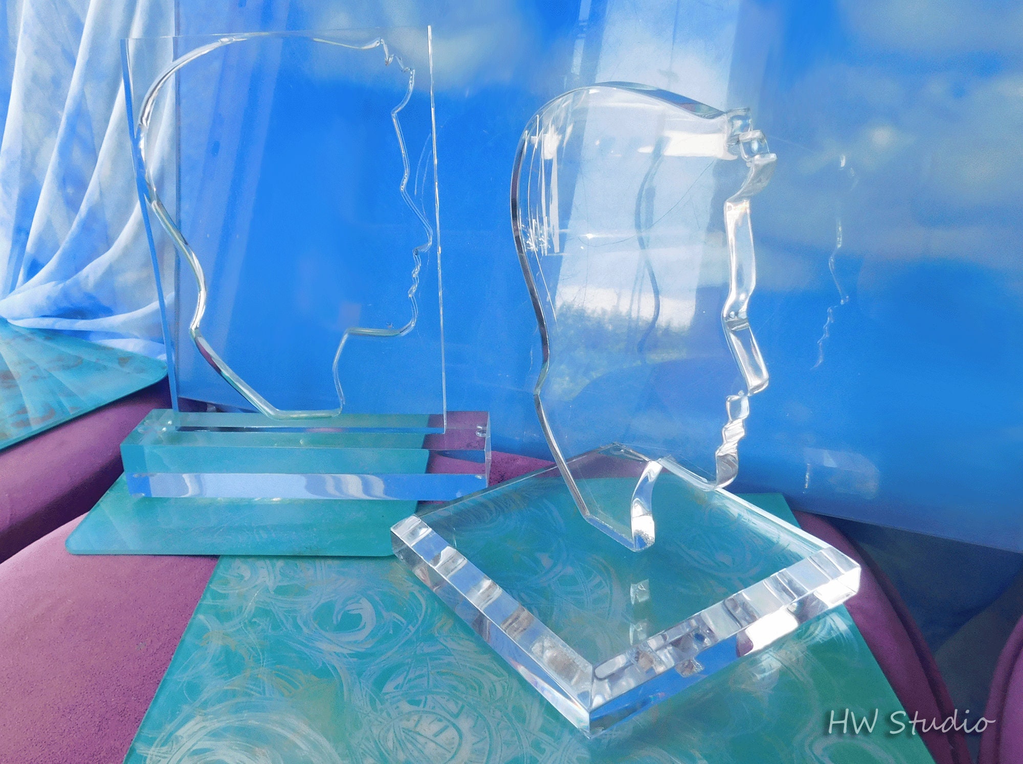 Lucite Head Profile Sculpture Set of 2, Clear Lucite Man Profile ...