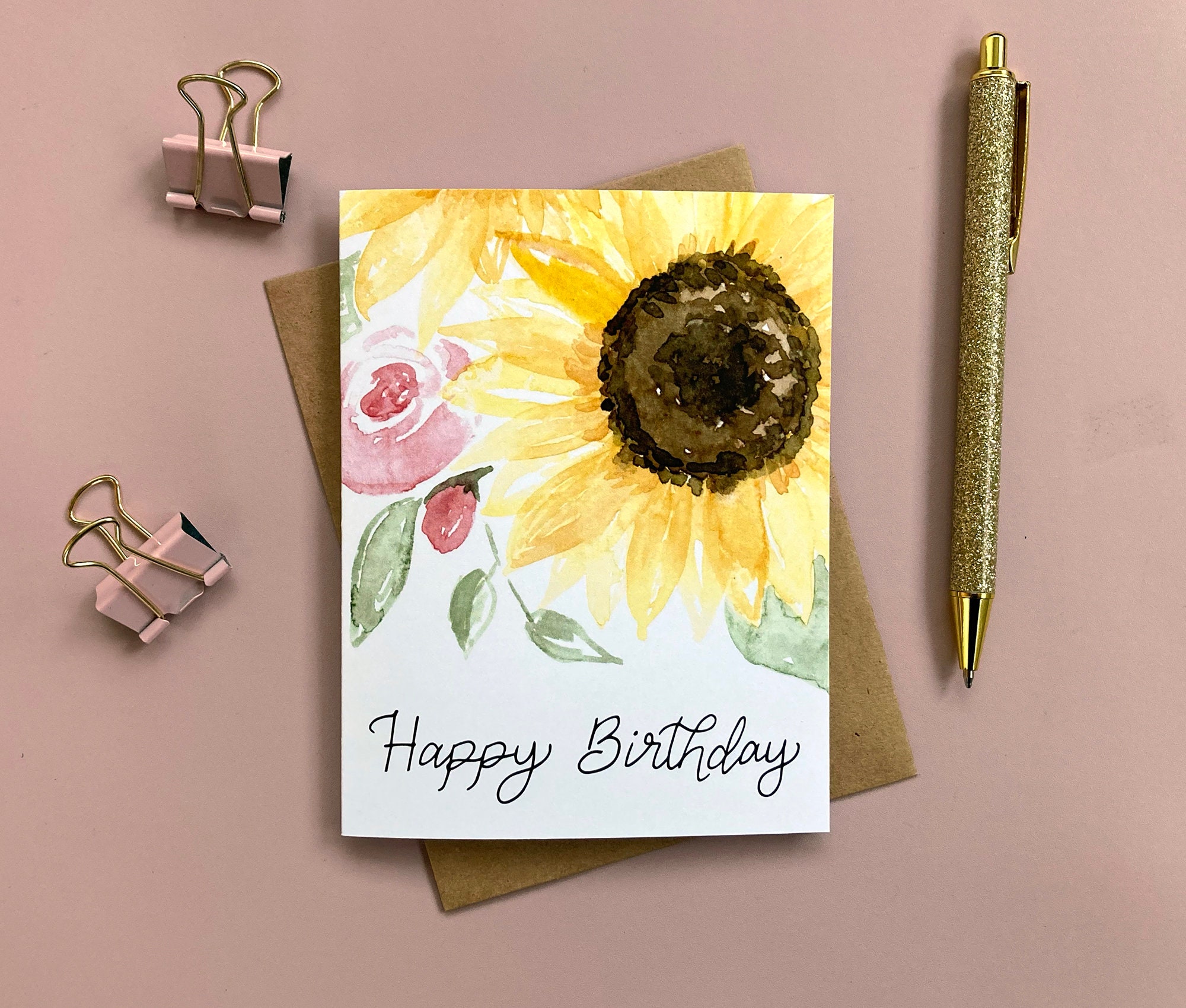 Sunflower Birthday Card | Watercolour Florals | Hand-lettered Birthday ...