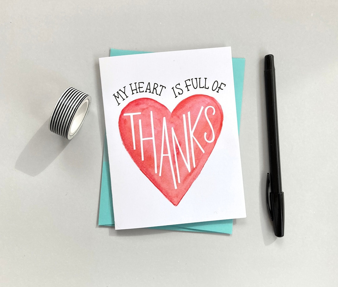 Hand-lettered Thank You Card | Watercolor Heart | Heart Full of Thanks ...